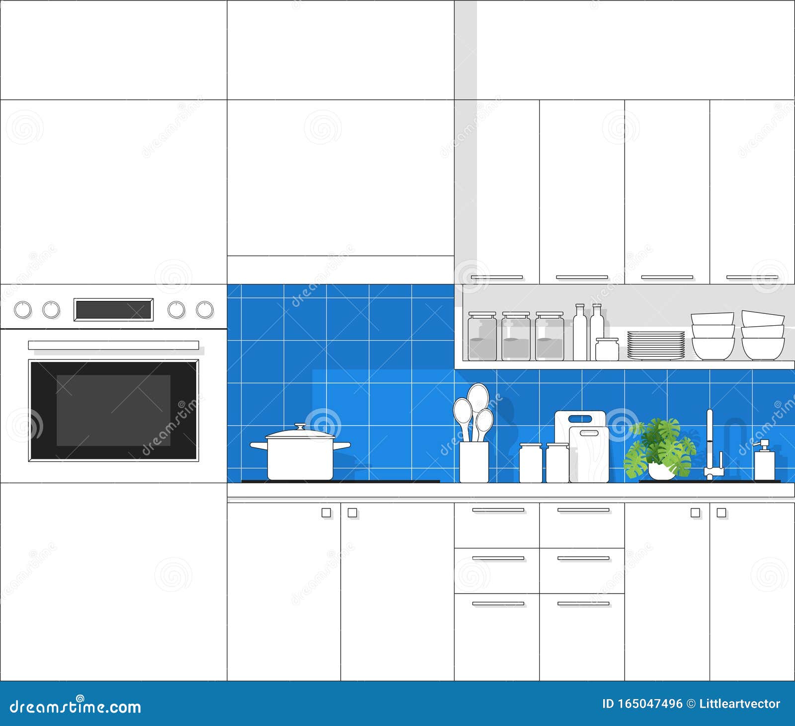 Interior Design with Modern Kitchen in Black Line Sketch on Colorful ...