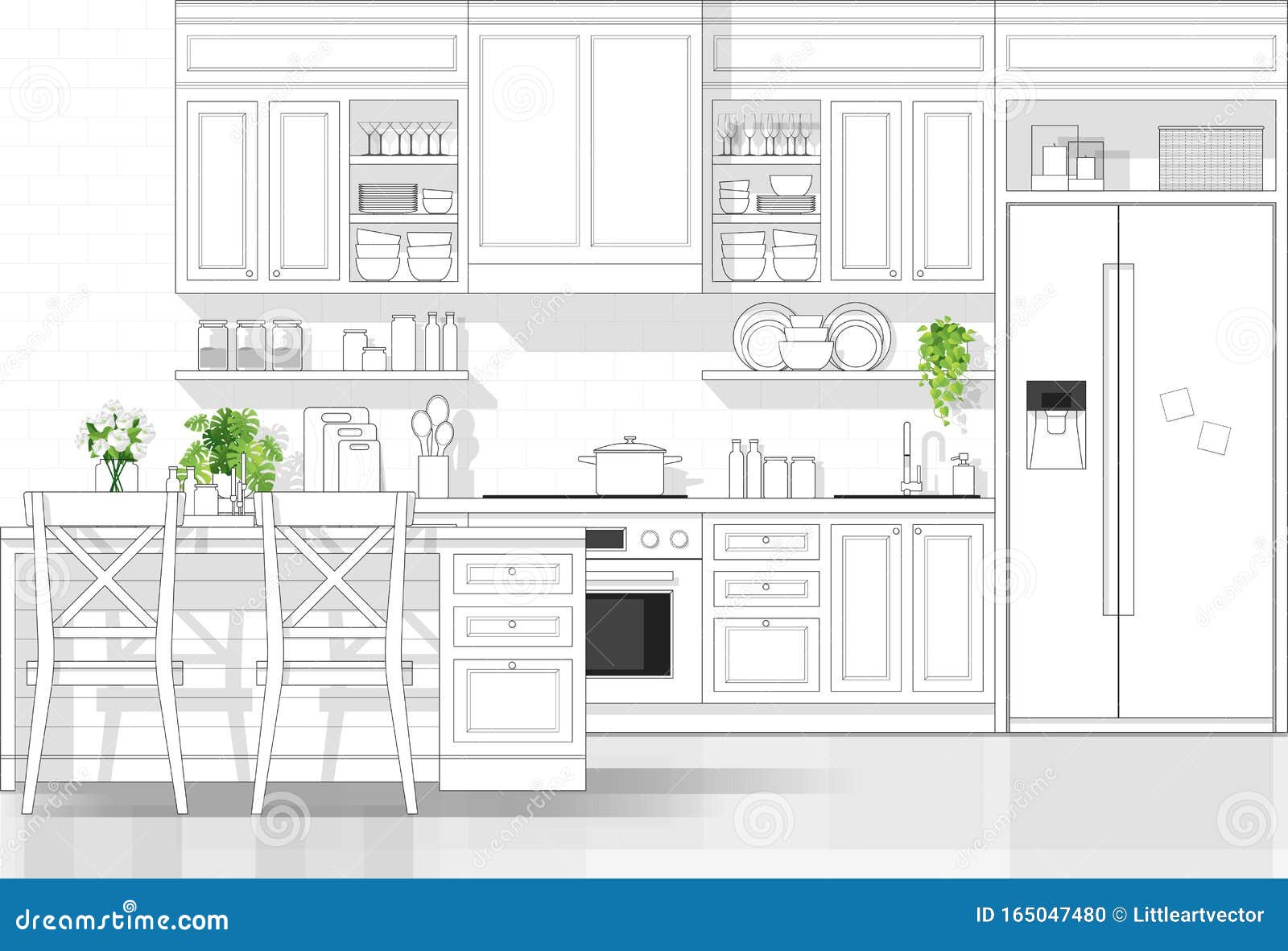 Interior Design with Modern Kitchen in Black Line Sketch on White ...