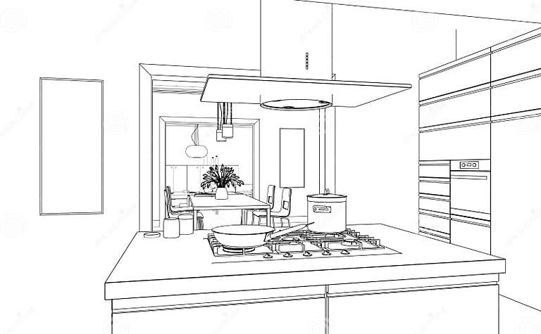 Interior Design Modern Kitchen Drawing Plan Stock Illustration ...