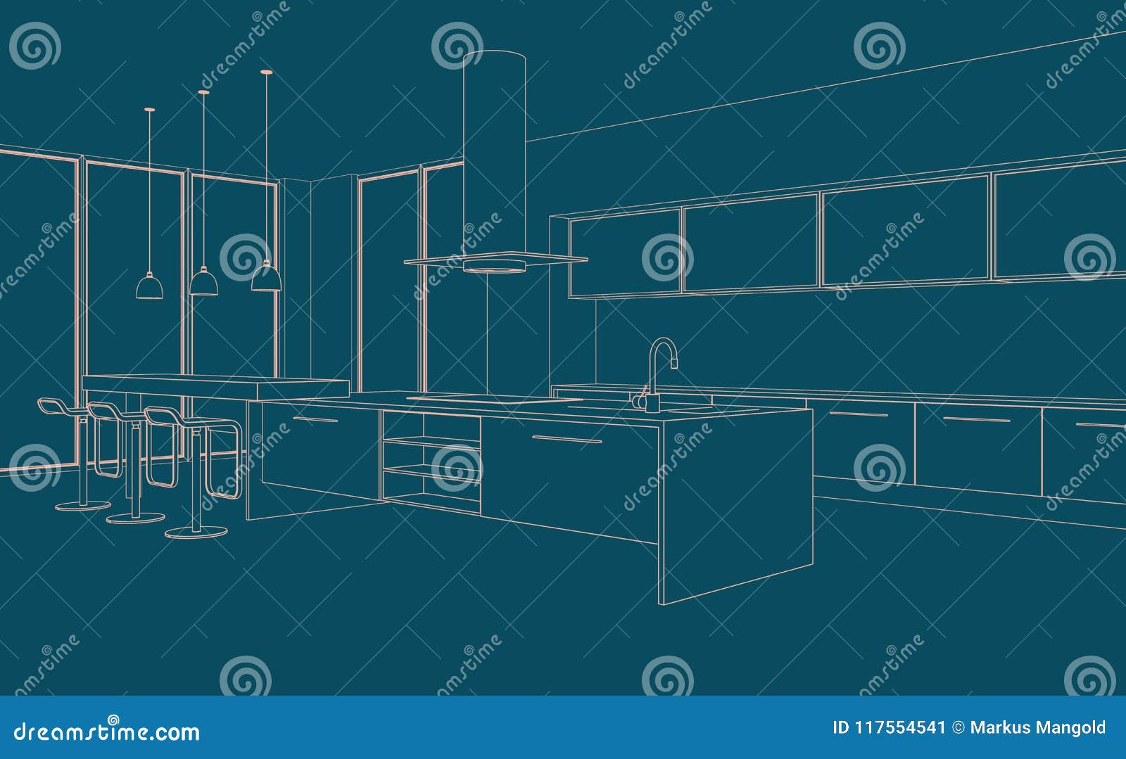 Interior Design Modern Kitchen Drawing Plan Stock Illustration ...