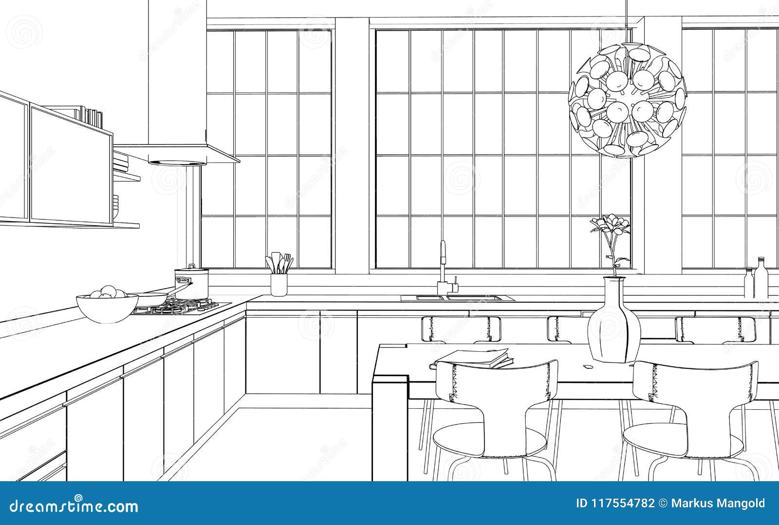Interior Design Modern Kitchen Drawing Plan Stock Illustration ...
