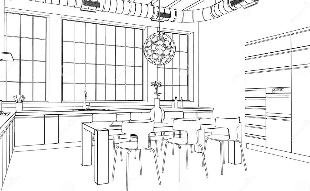 Interior Design Modern Kitchen Drawing Plan Stock Illustration ...