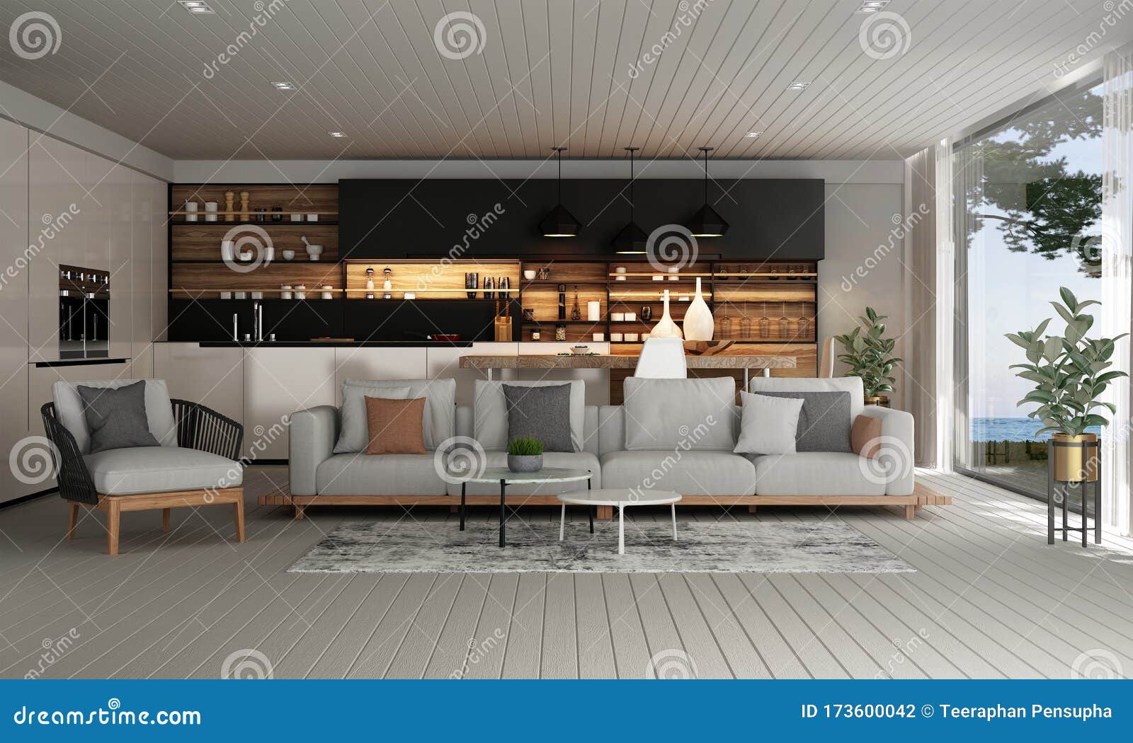 The Interior Design of Modern Living Room and Dining Table and Sea View ...