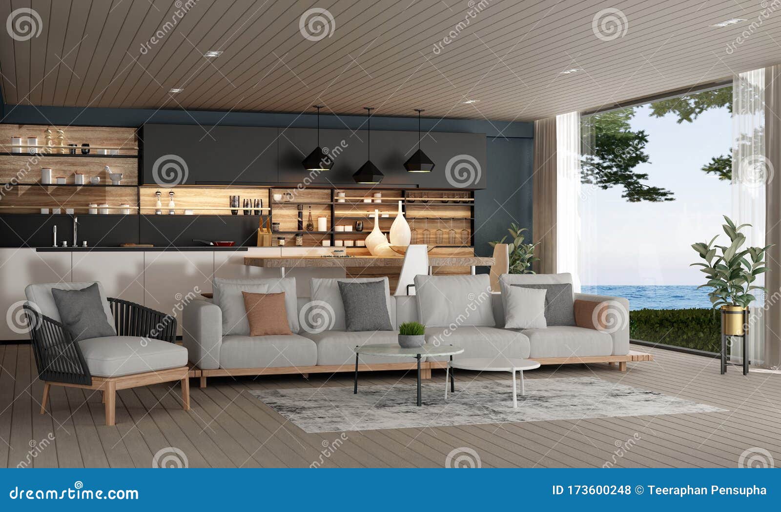 The Interior Design of Modern Living Room and Dining Table and Sea View ...