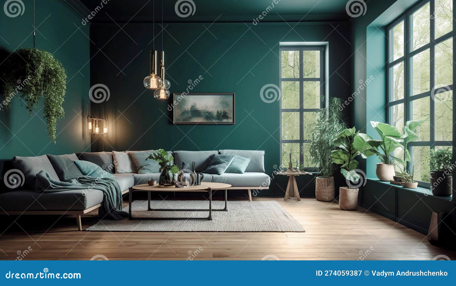 Interior Design of Modern Living Room. Sofa in Front of Deep Green Wall ...