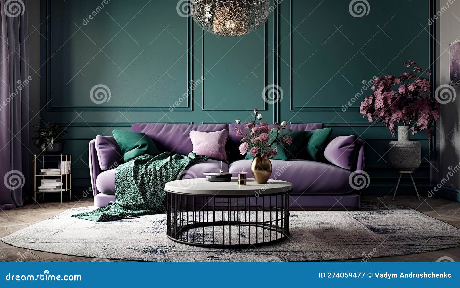 Interior Design of Modern Living Room with Violet Sofa. Created with ...