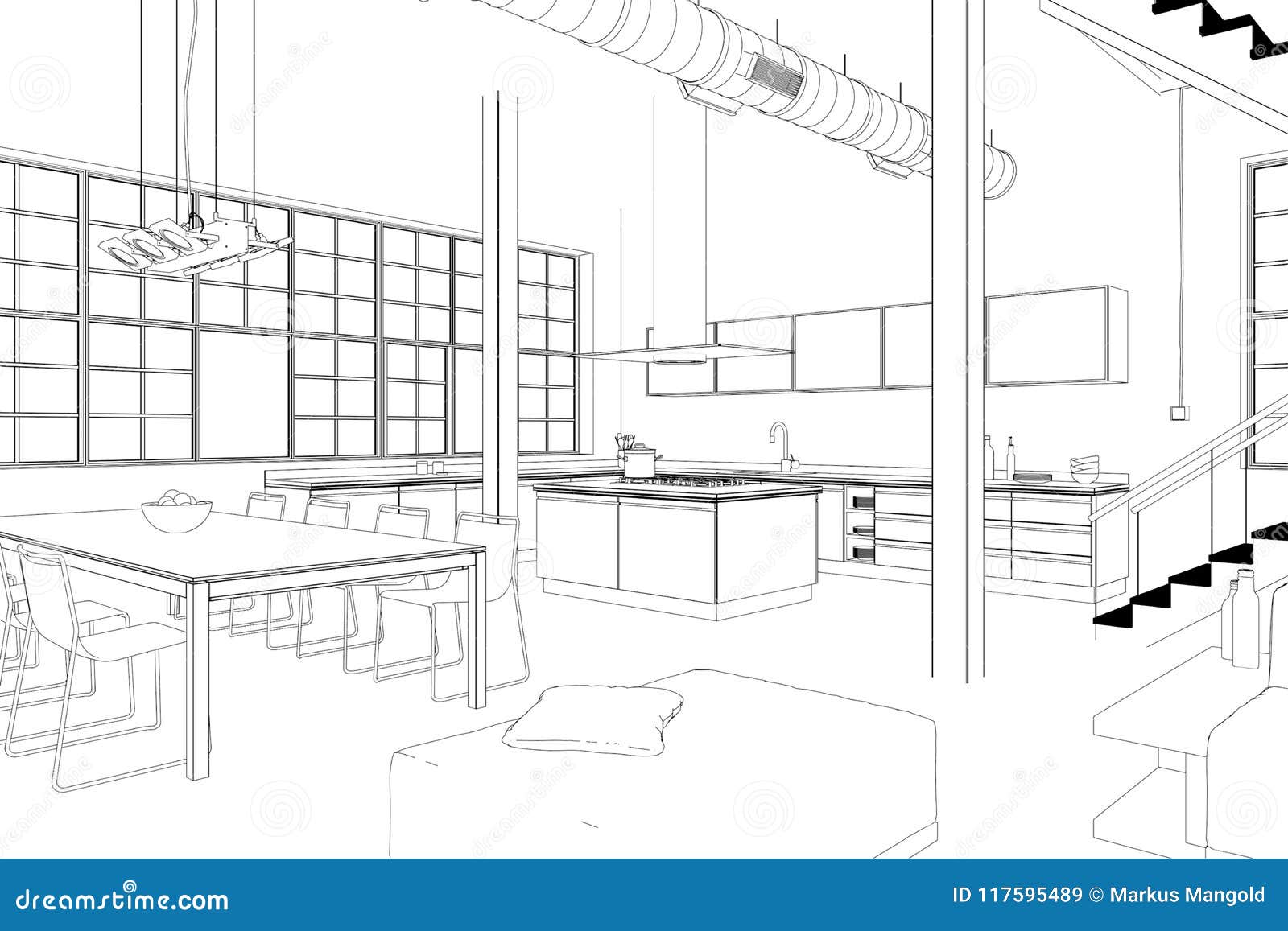 Interior Design Modern Loft Custom Drawing Stock Illustration ...