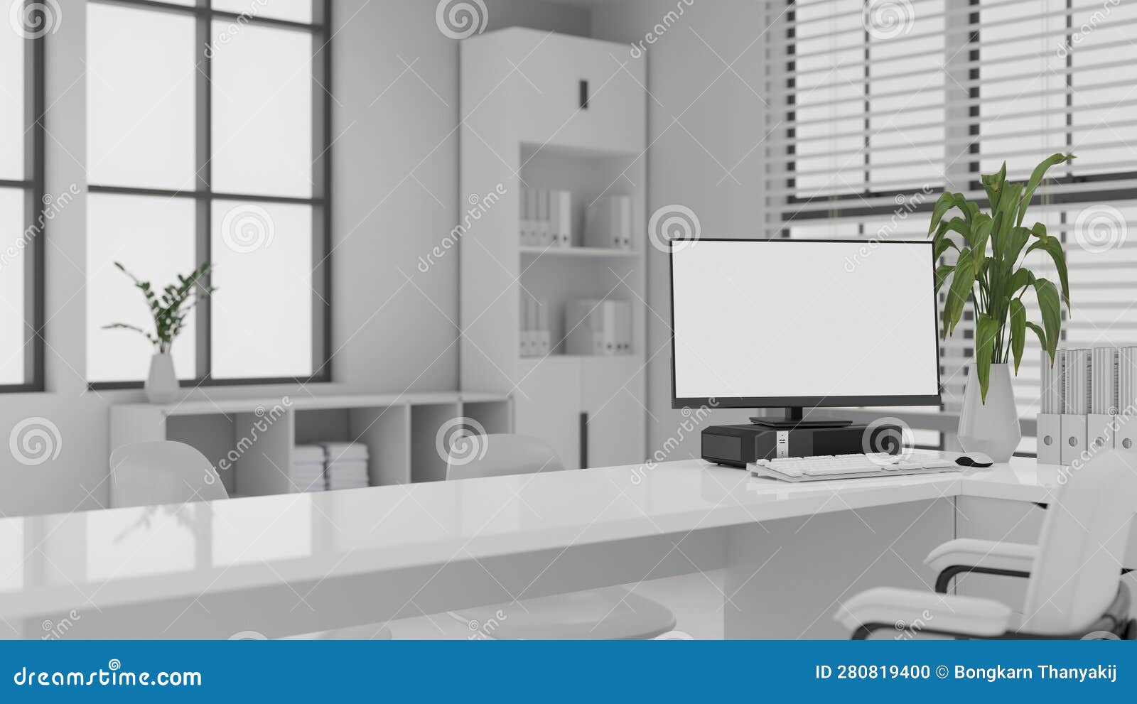 Interior Design of a Modern White Office with Computer Mockup on a ...