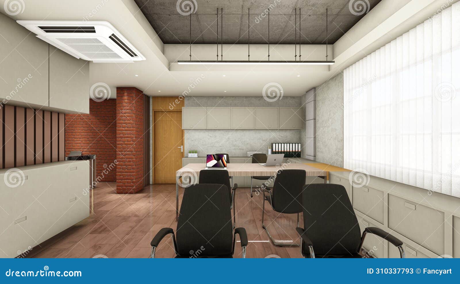 Interior Design of Office Space with False Ceiling and Wood Panels 3d ...