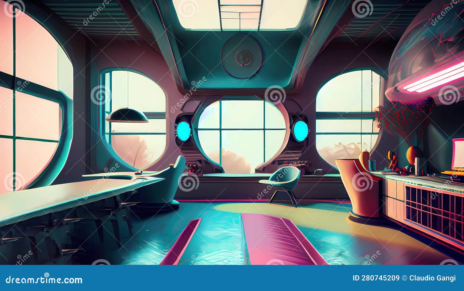 Interior Design Retro Futuristic Stock Illustration - Illustration of ...