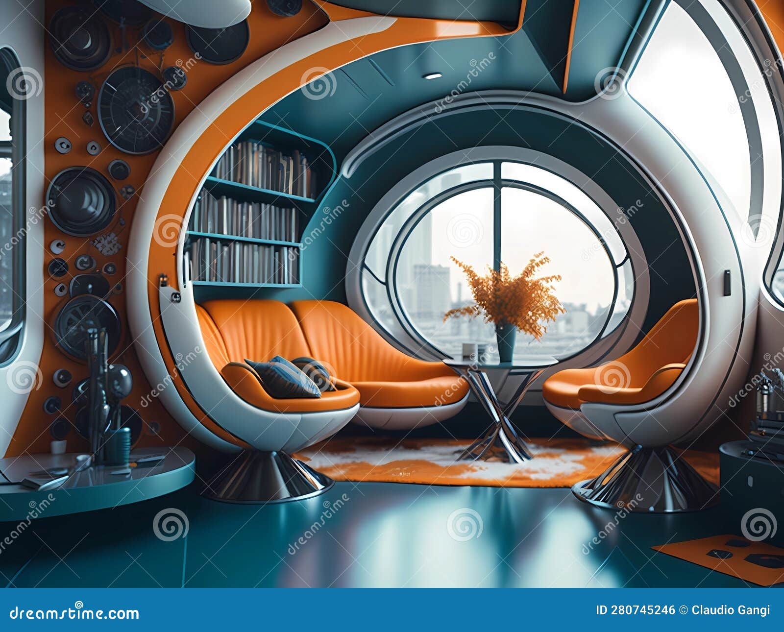 Interior Design Retro Futuristic Stock Illustration - Illustration of ...