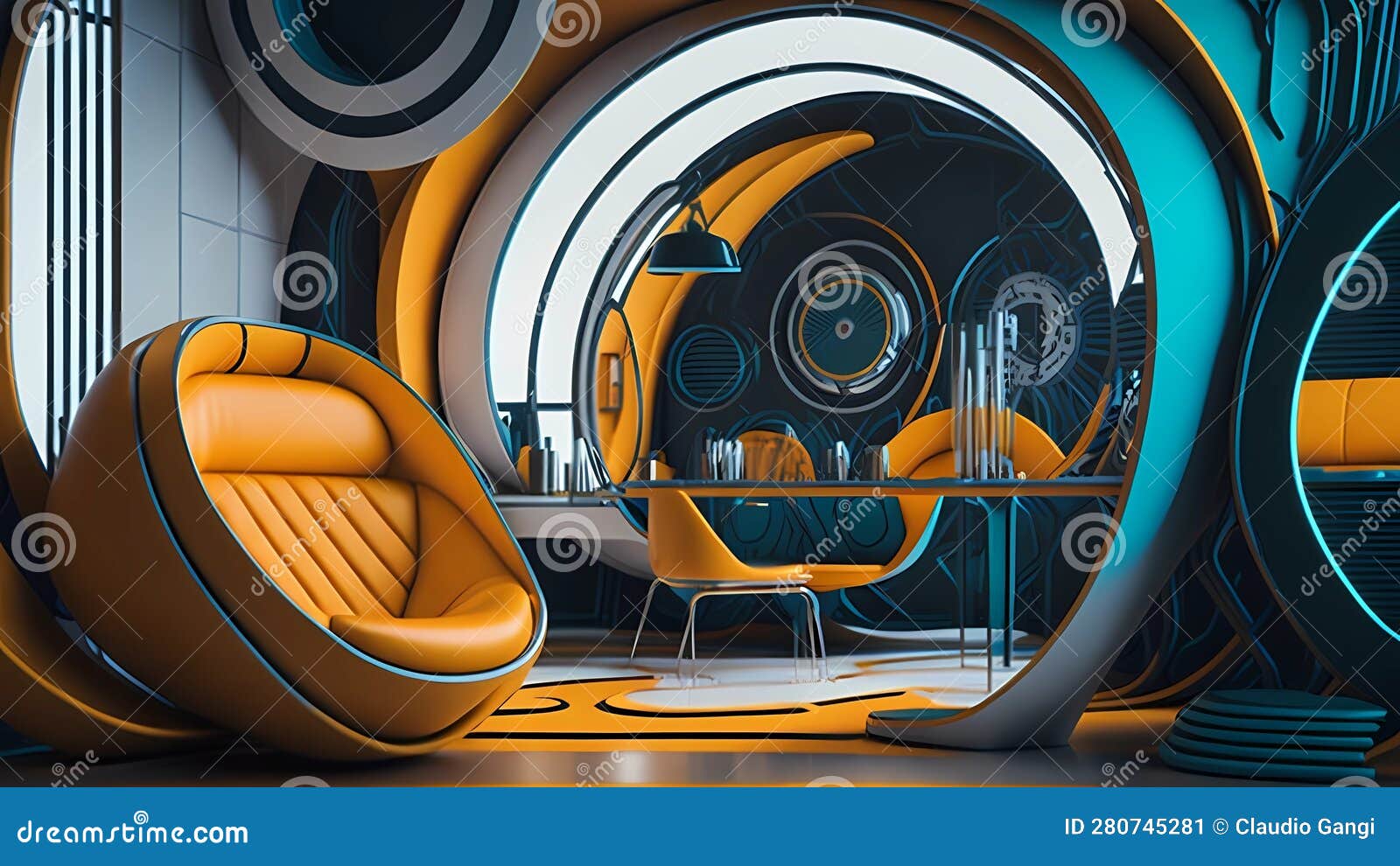 Interior Design Retro Futuristic Stock Illustration - Illustration of ...