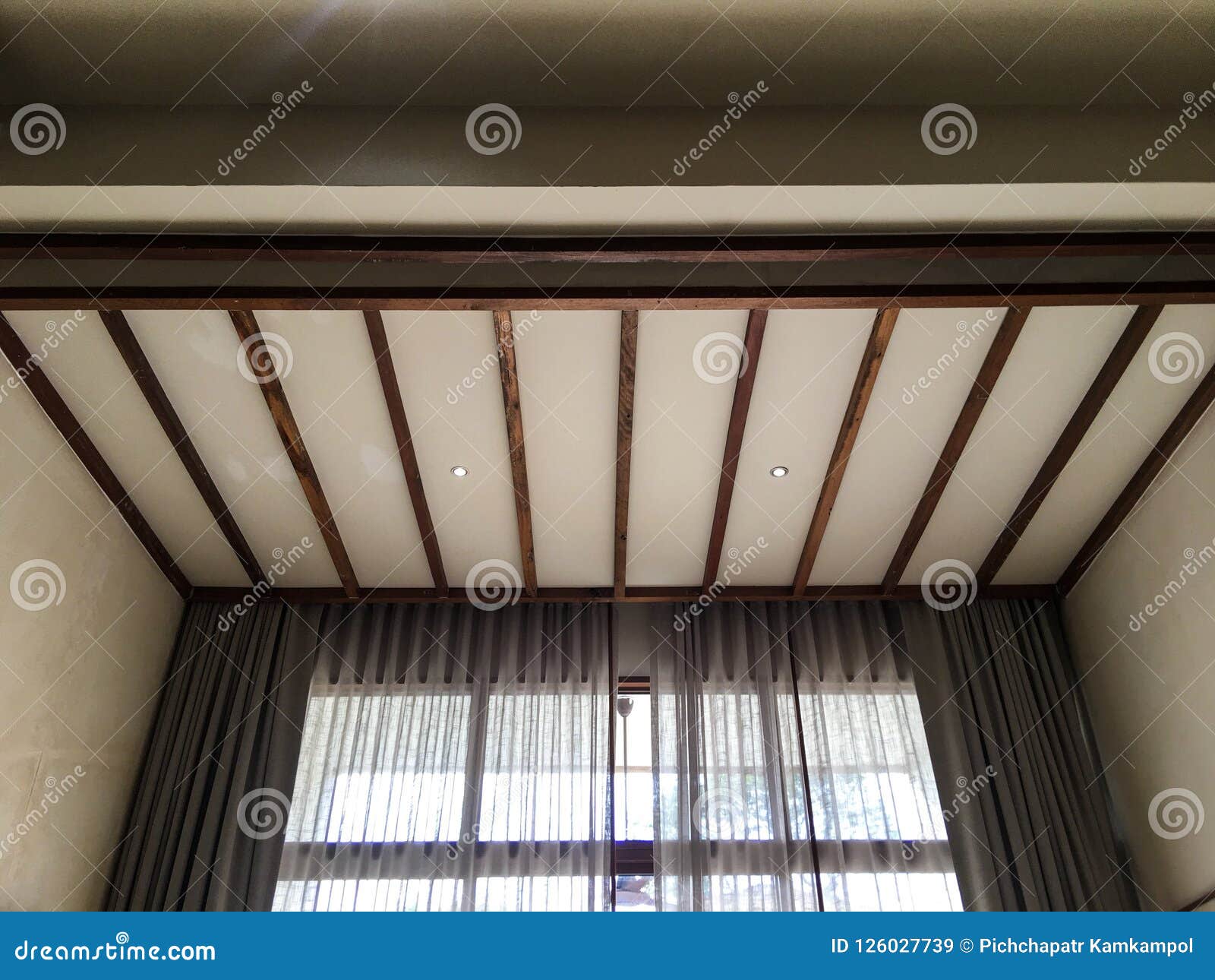 Interior Design in the Room with Marble Wall and Wooden Ceiling. Stock ...