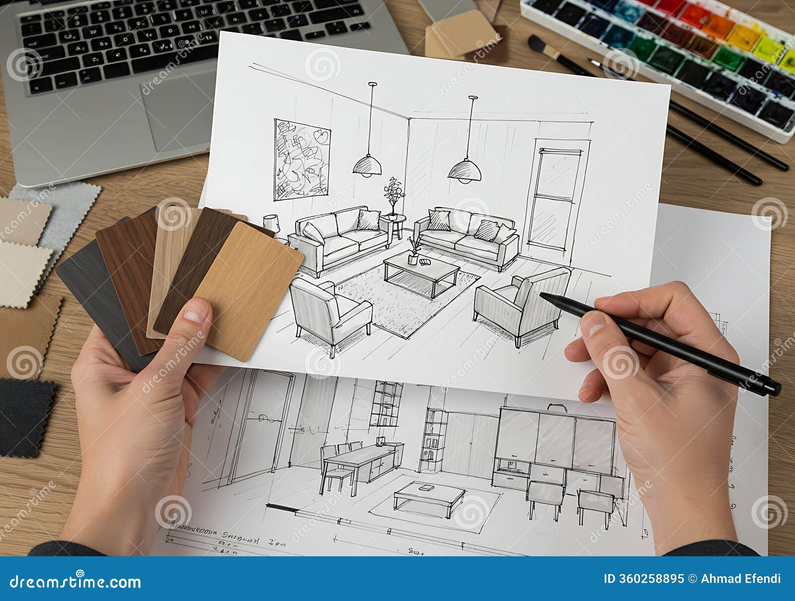 Interior Design Sketch: Hand Drawing Living Room Layout with Wood ...