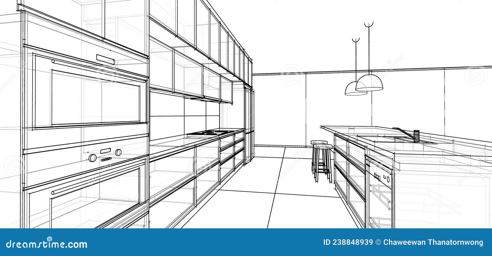 Interior Design Sketch : Modern Kitchen Side View Stock Illustration ...