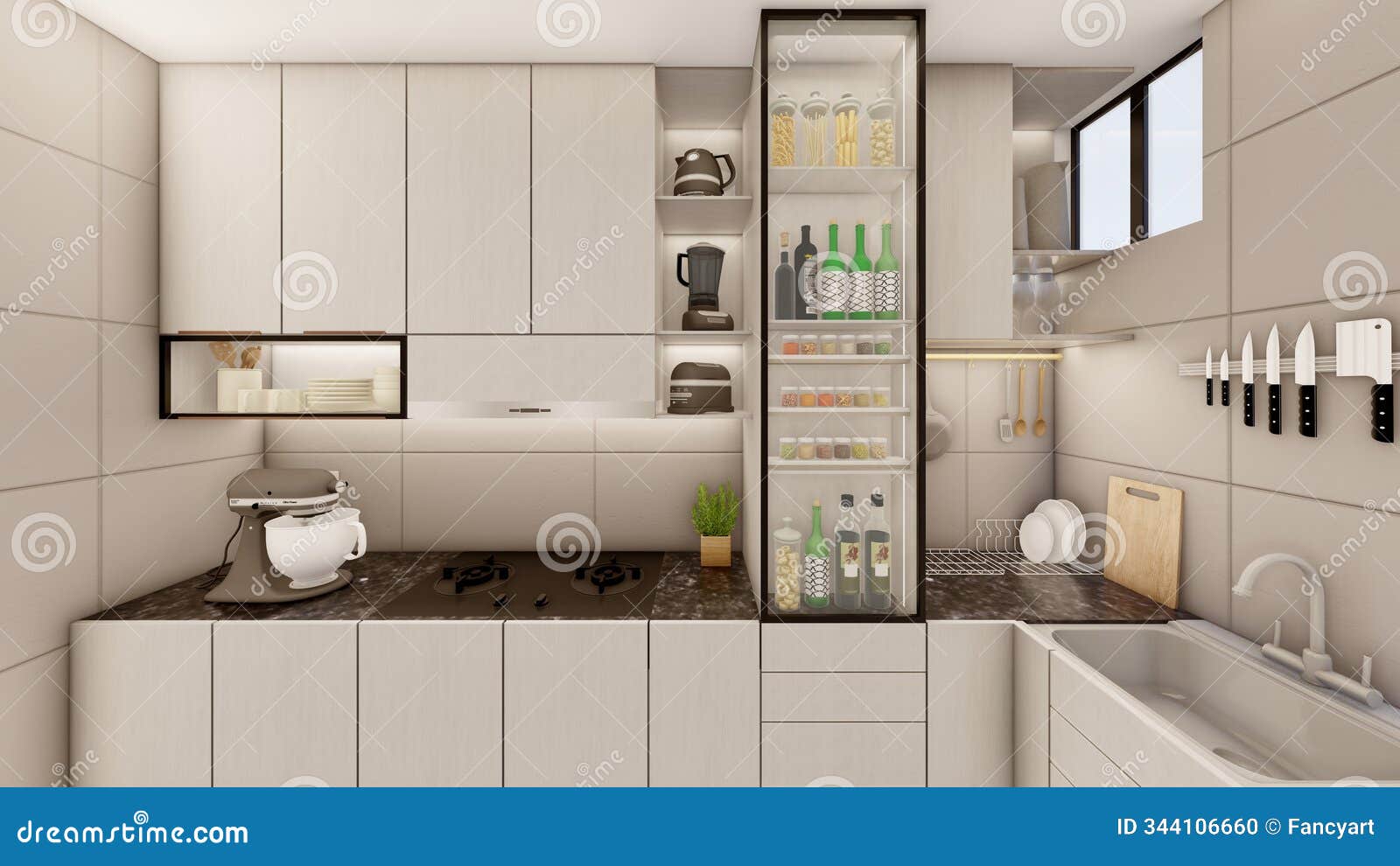 Interior Design of Small Compact Kitchen with False Ceiling 3d Visualization Stock Illustration ...