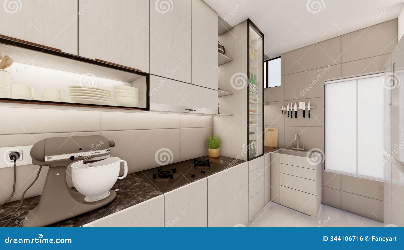 Interior Design of Small Compact Kitchen with False Ceiling 3d Visualization Stock Photo - Image ...
