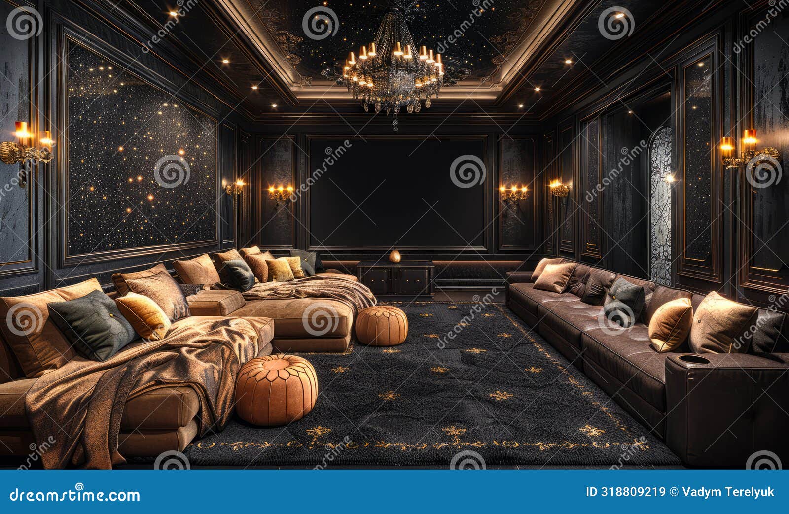 Interior Design of Small Home Theater with Black Walls and Ceiling ...