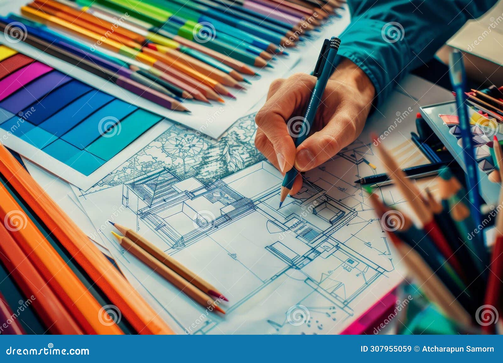 Architect Sketching Modern House Design On Blueprint Paper, Concept Of ...