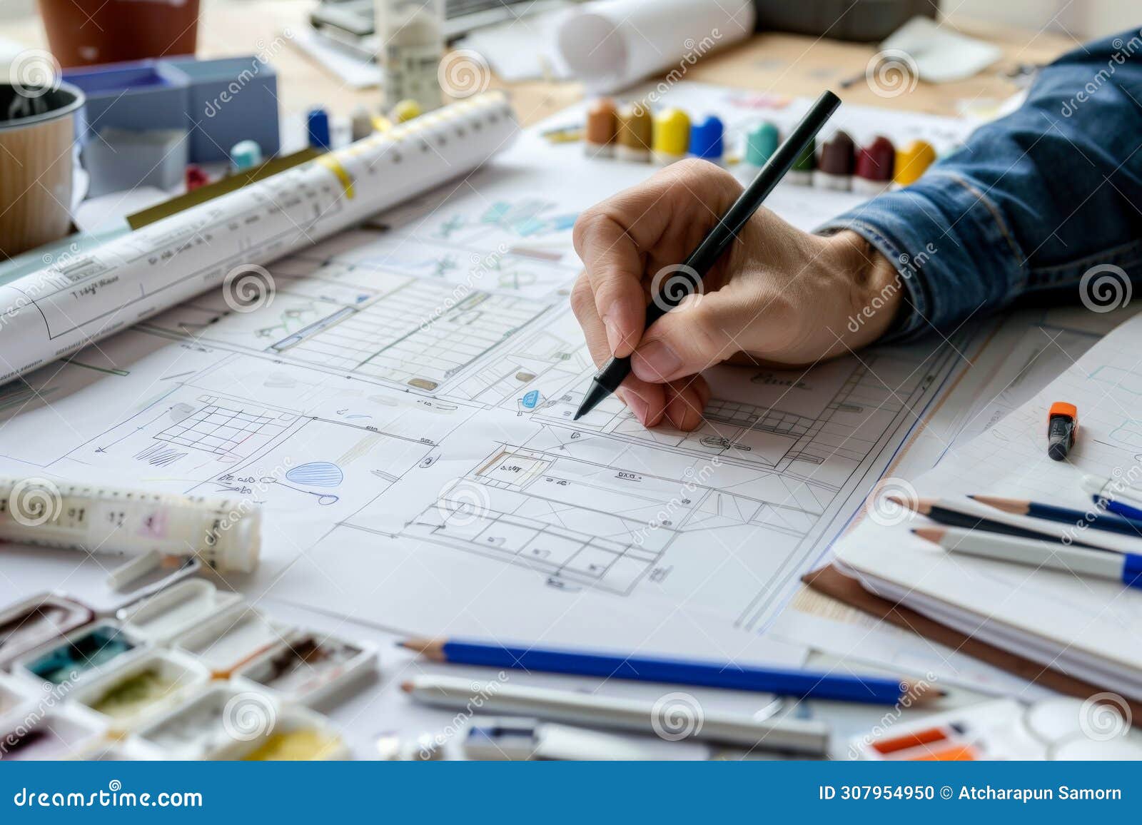 Architect Sketching Modern House Design On Blueprint Paper, Concept Of ...
