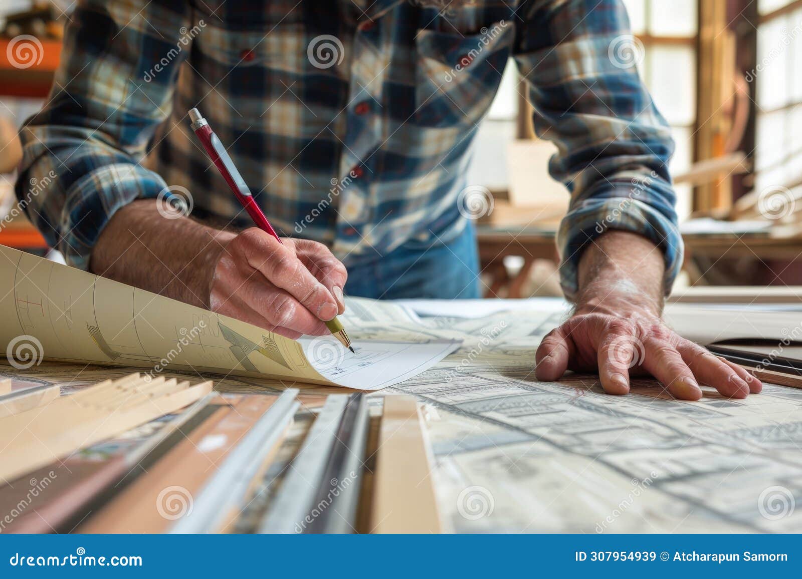 Architect Sketching Modern House Design On Blueprint Paper, Concept Of ...