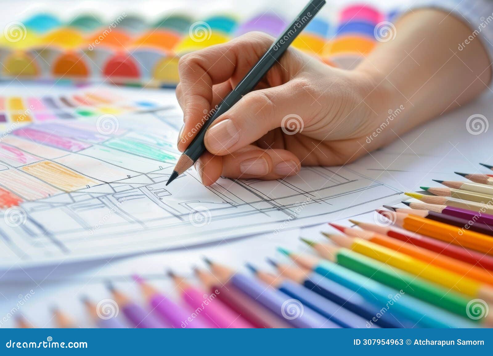 Architect Sketching Modern House Design On Blueprint Paper, Concept Of ...