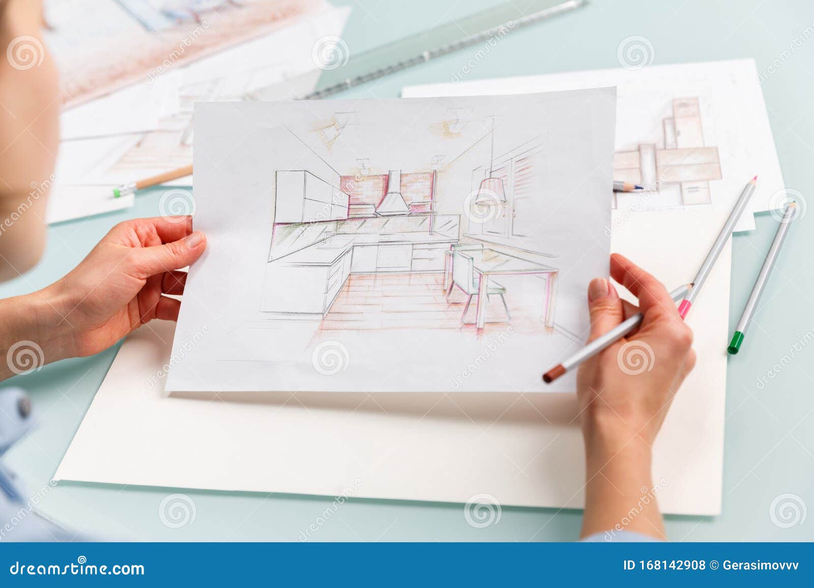 Interior Designer Drawing Pencil Sketch of a Kitchen Stock Photo ...