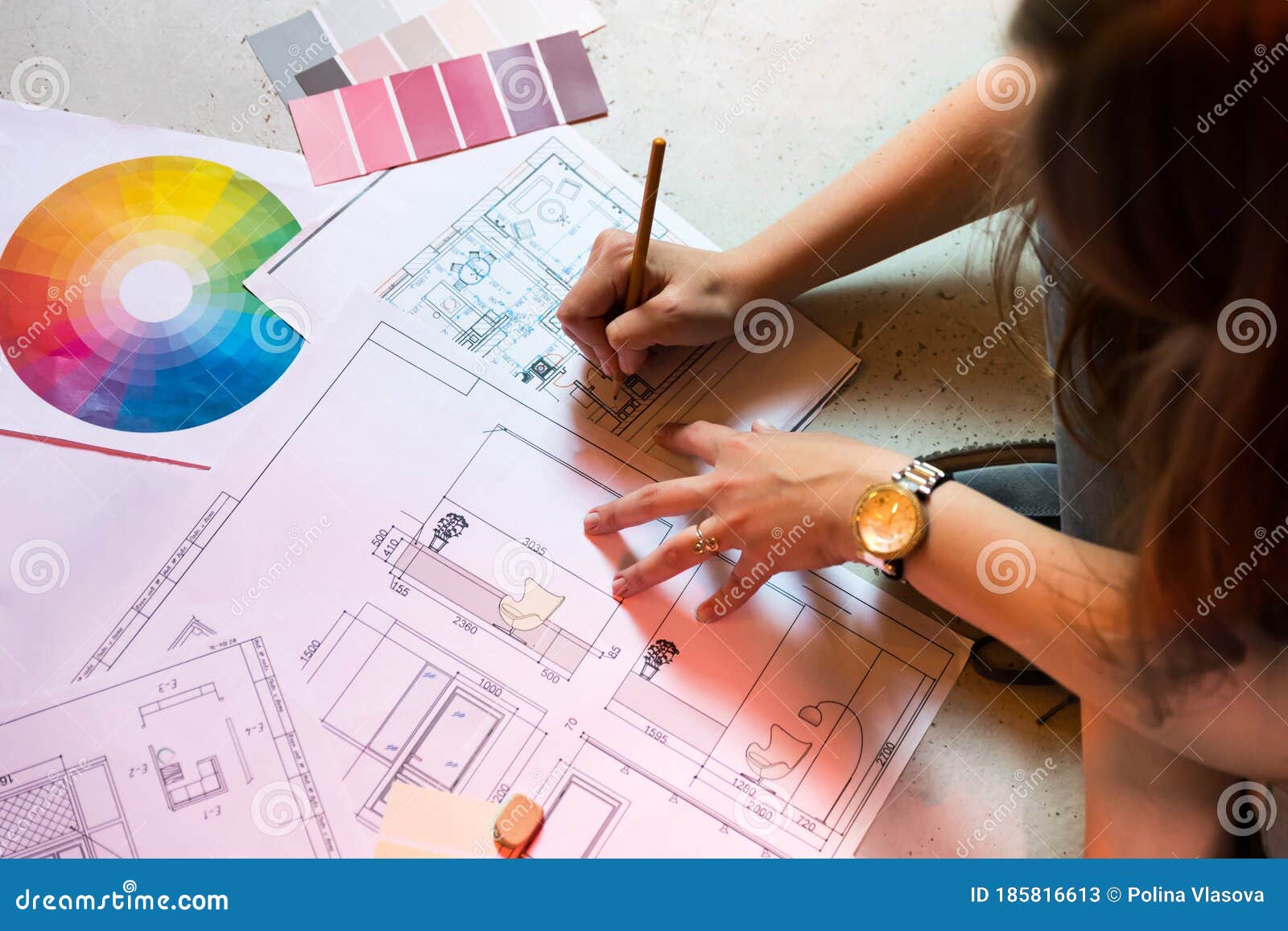 Interior Designer Drawing a Plan with Art Tools Stock Image - Image of ...