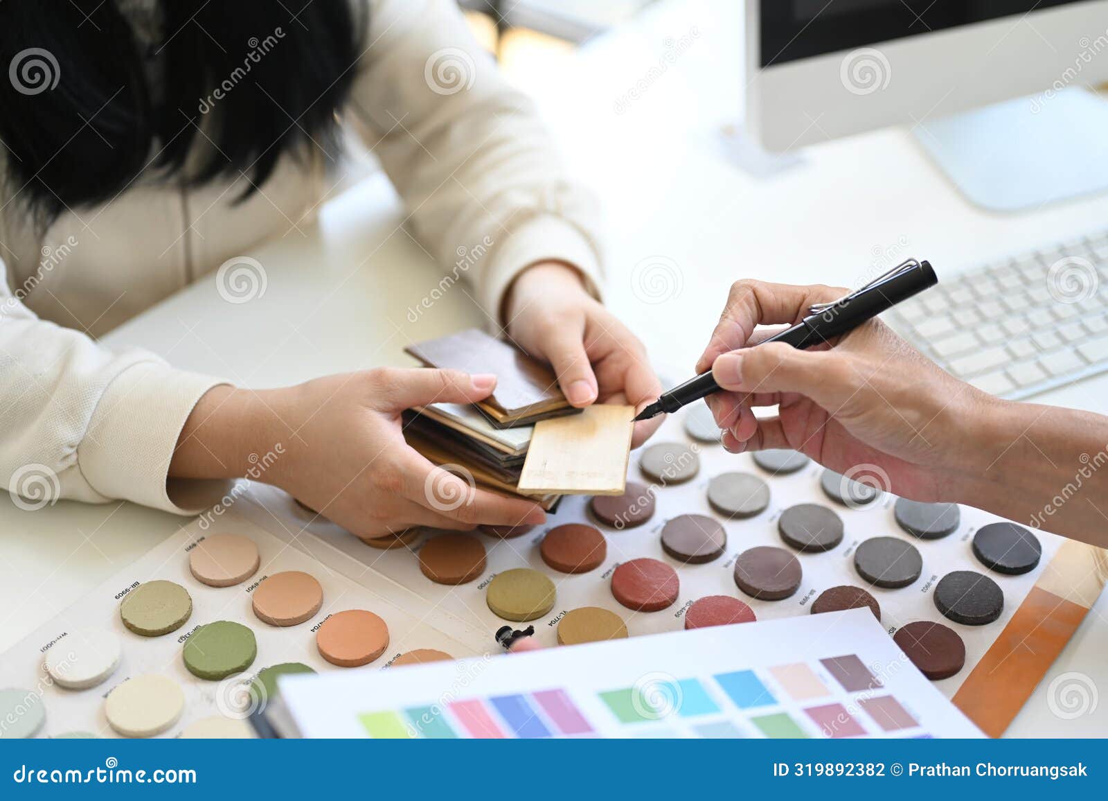 Interior Designer Giving Advice To Client, Selecting Design Elements ...