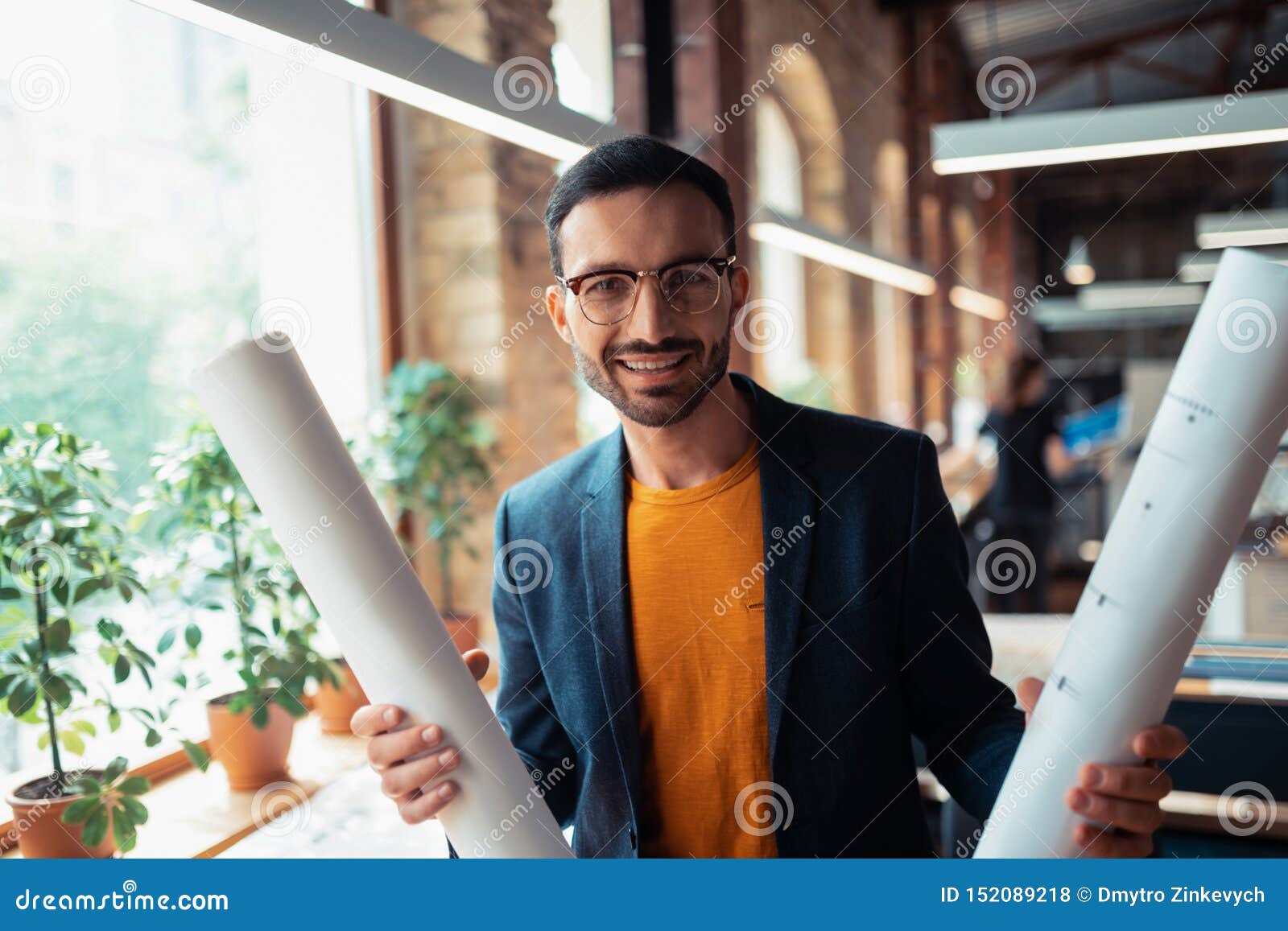Interior Designer Smiling after Finishing Making Sketches Stock Photo ...