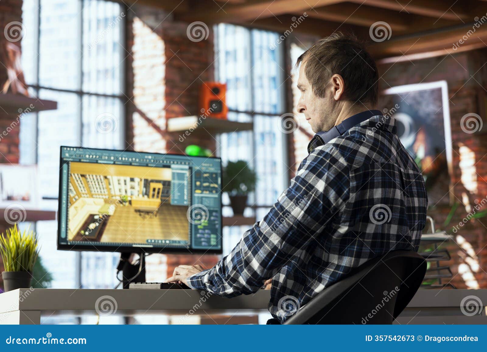 Interior Designer Using Interior Design App To Redesign Room Stock ...