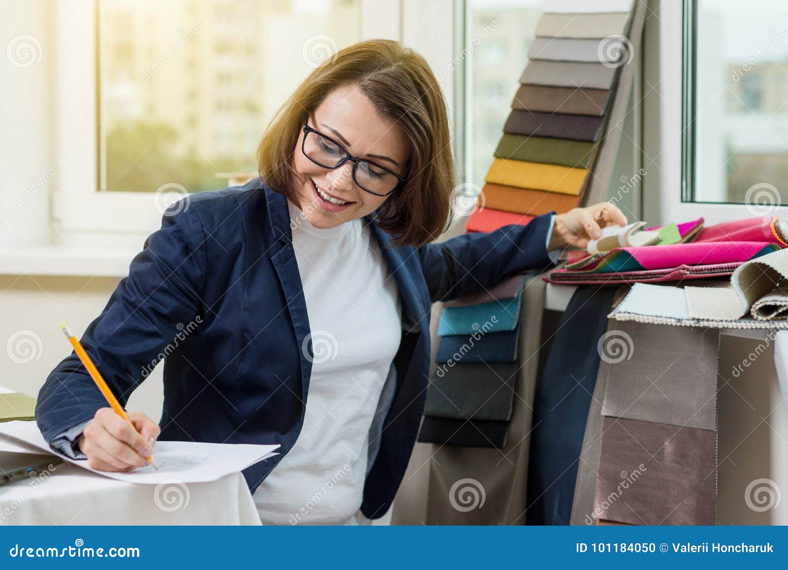 Interior Designer, at the Workplace in the Office with Samples O Stock ...