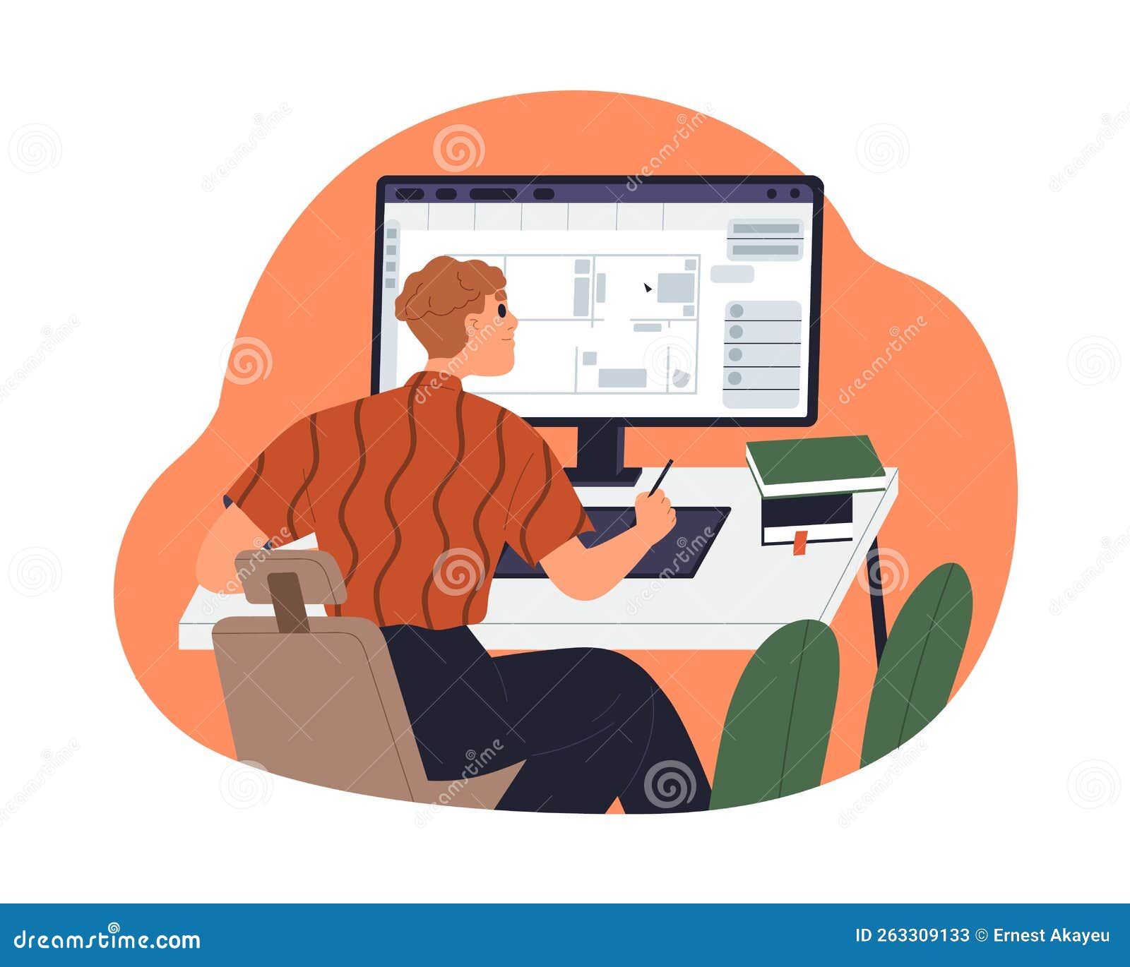 Interior Designer Works at Computer, Drawing Draft, House Project ...