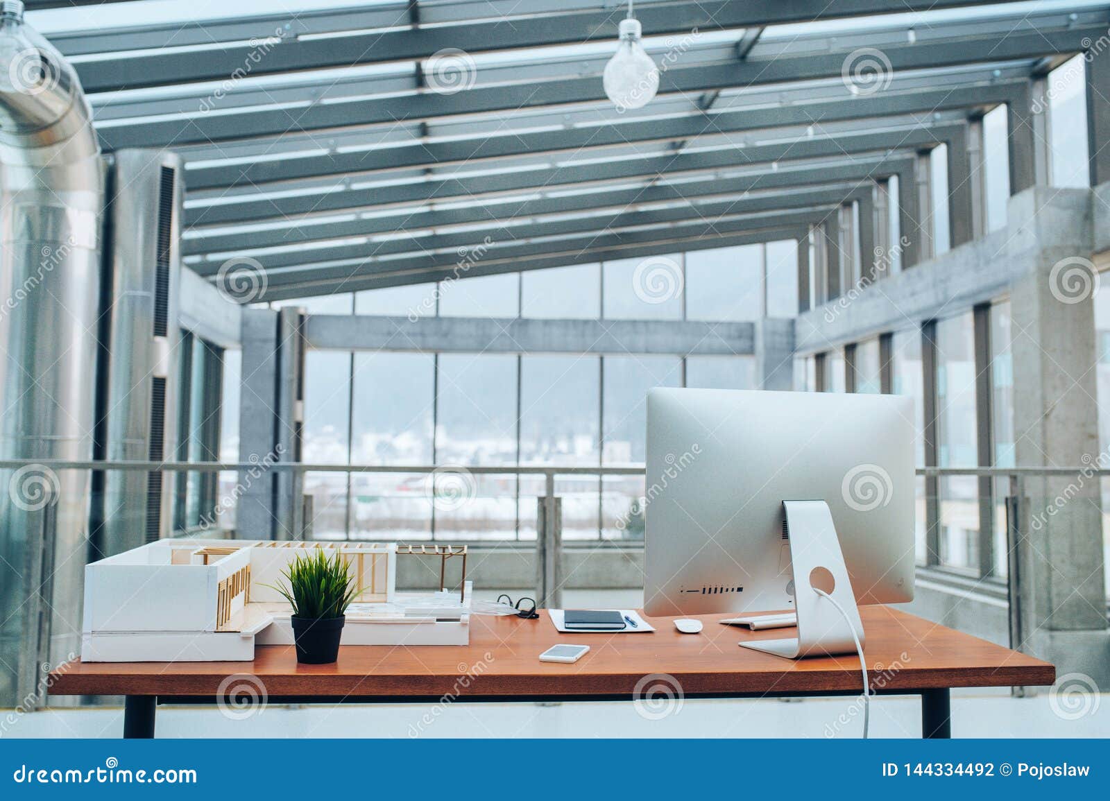 An Interior of a Desk with Computer in Modern Spacious Office. Stock ...