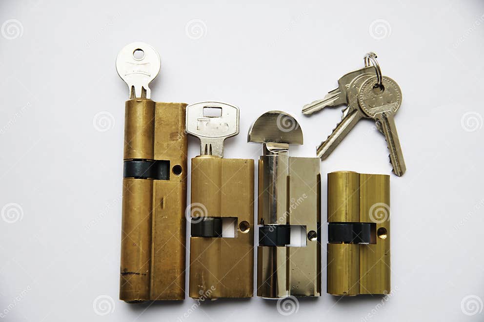 Interior Door Lock Assembly and Key on a White Background Stock Photo ...