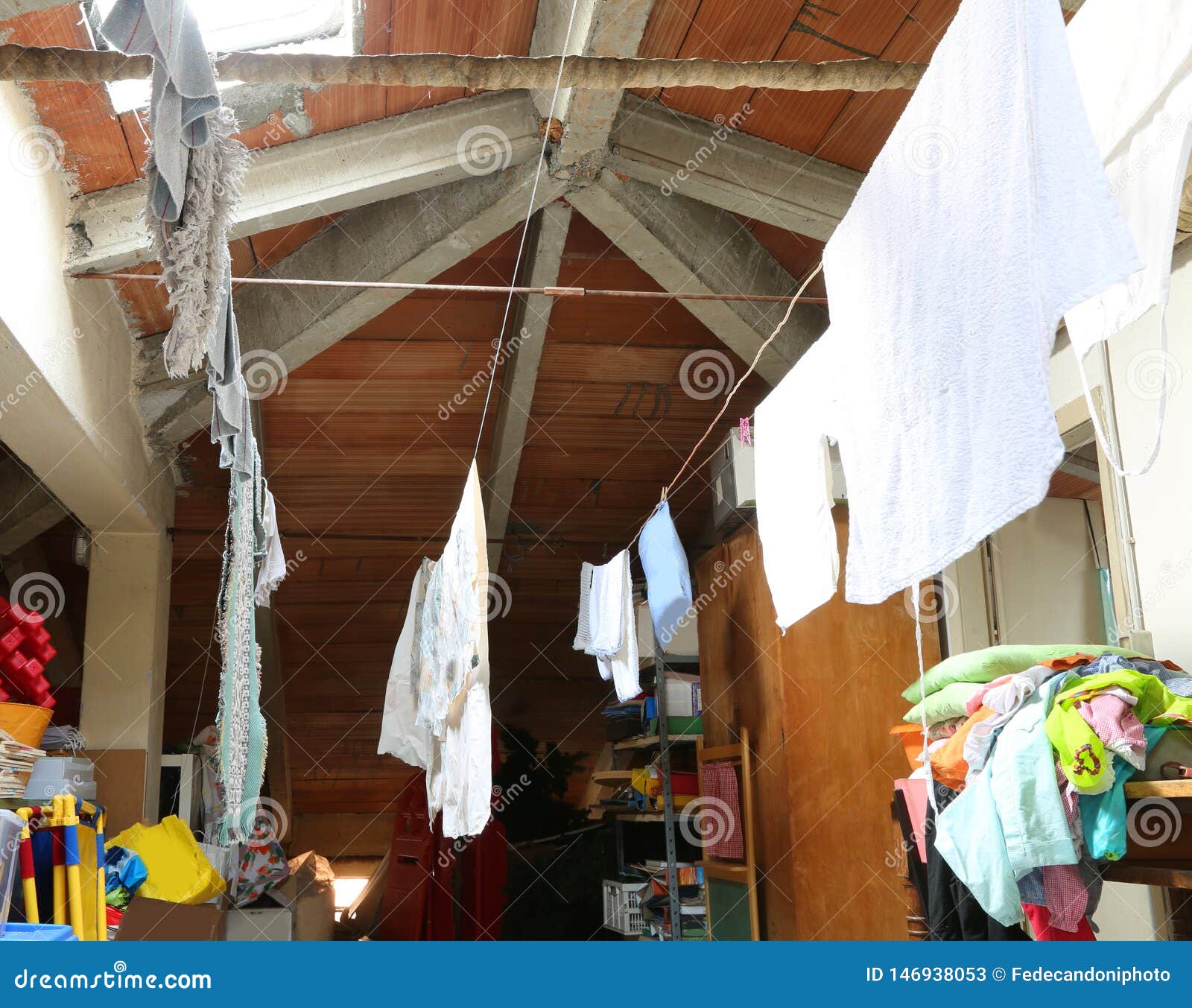 Interior of a Dusty Attic with Hanged Tatters and Rags Stock Image ...