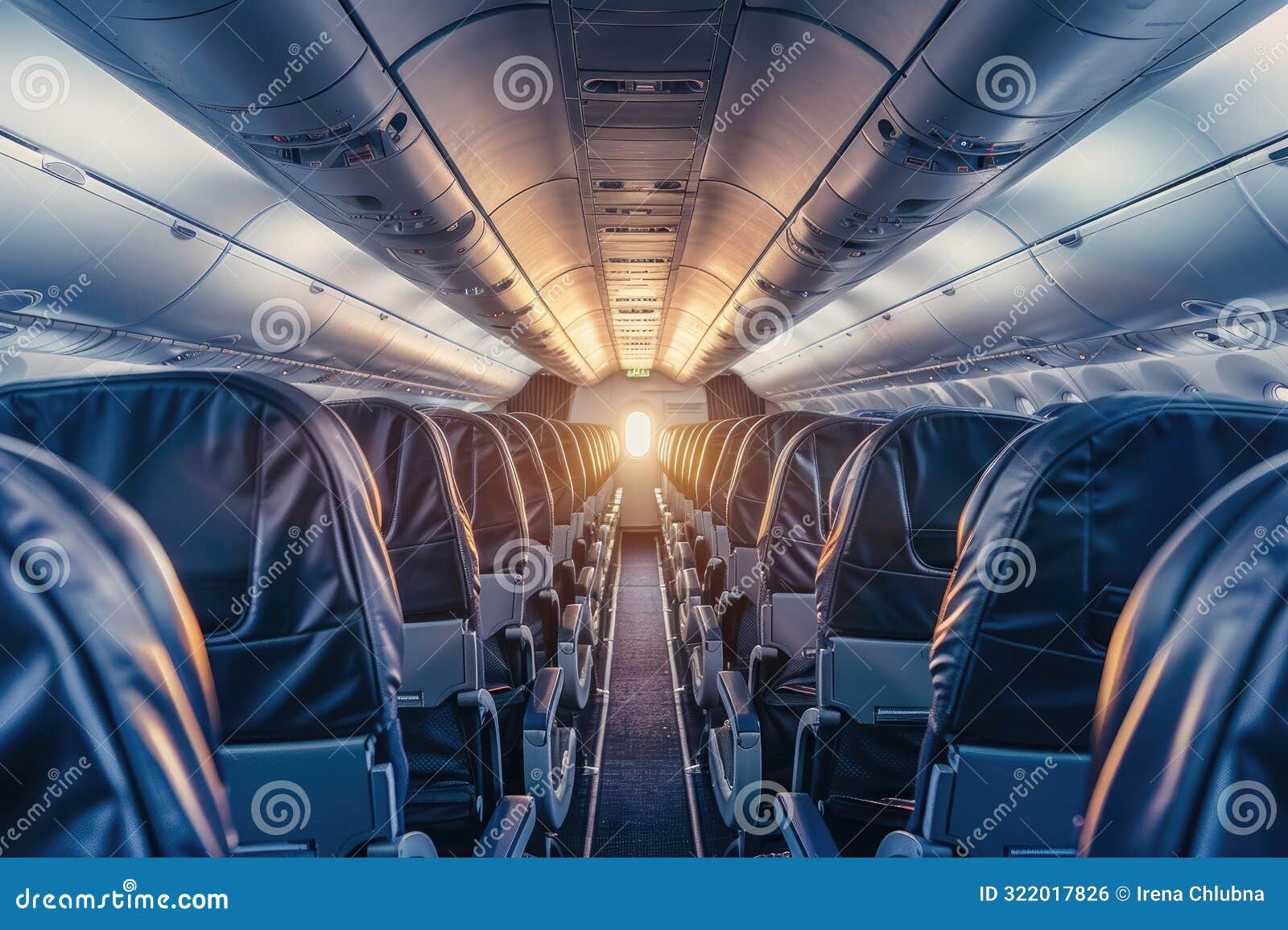 The Interior of an Empty Airplane Cabin, Featuring Rows of Seats Under ...