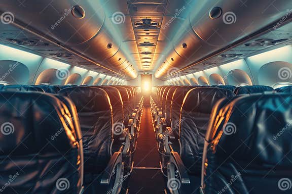 The Interior of an Empty Airplane Cabin, Featuring Rows of Seats Under ...