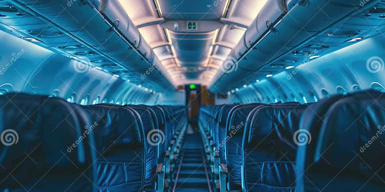 The Interior of an Empty Airplane Cabin, Featuring Rows of Seats Under ...