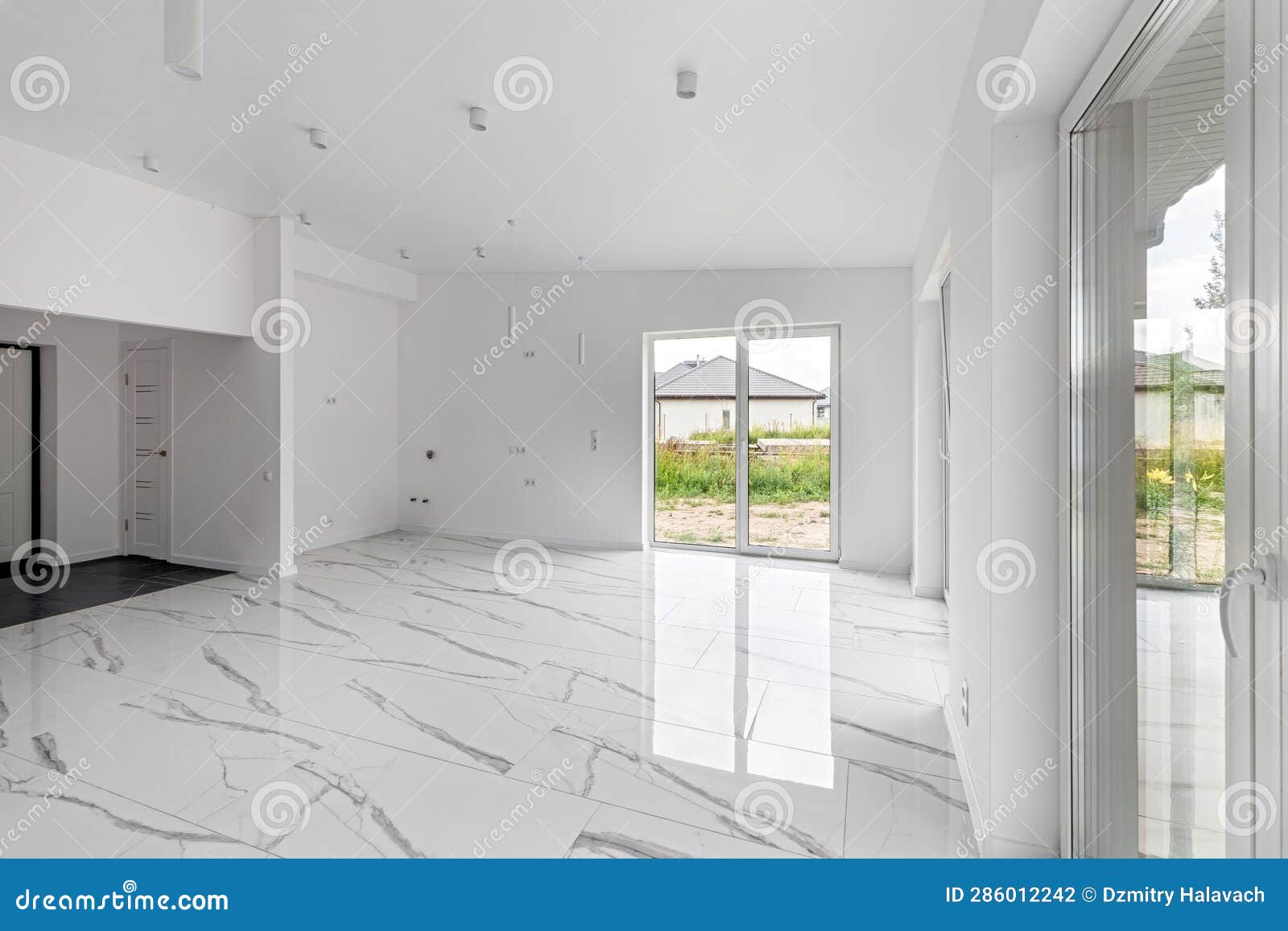 Interior of Empty Apartment, Wide Room with Marble Floor Stock Photo ...