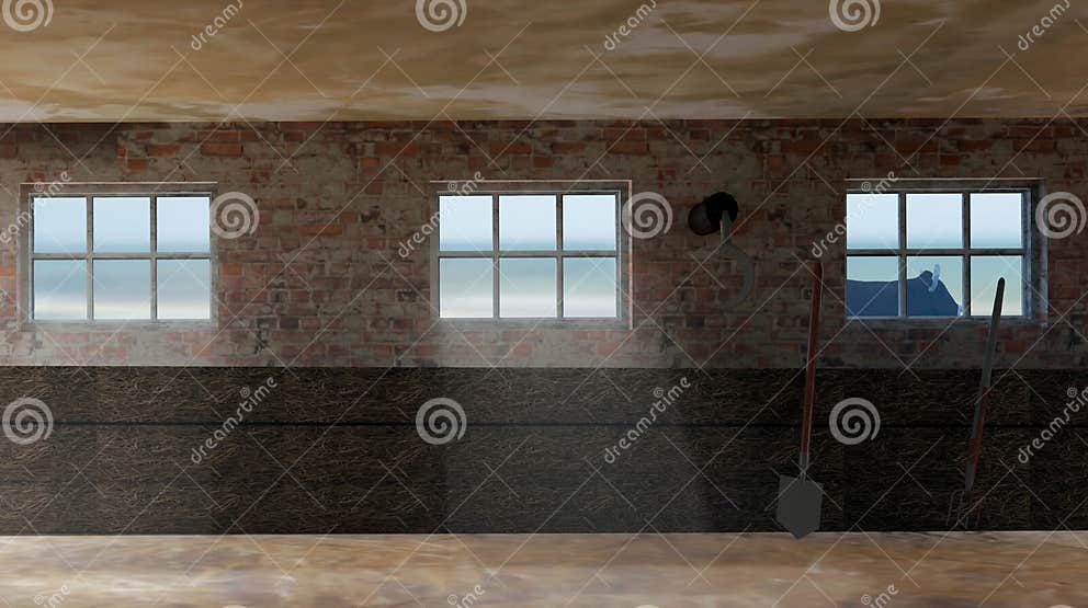 Interior of an Empty Barn, Dark with Fog and Farm Tools. Illustration ...