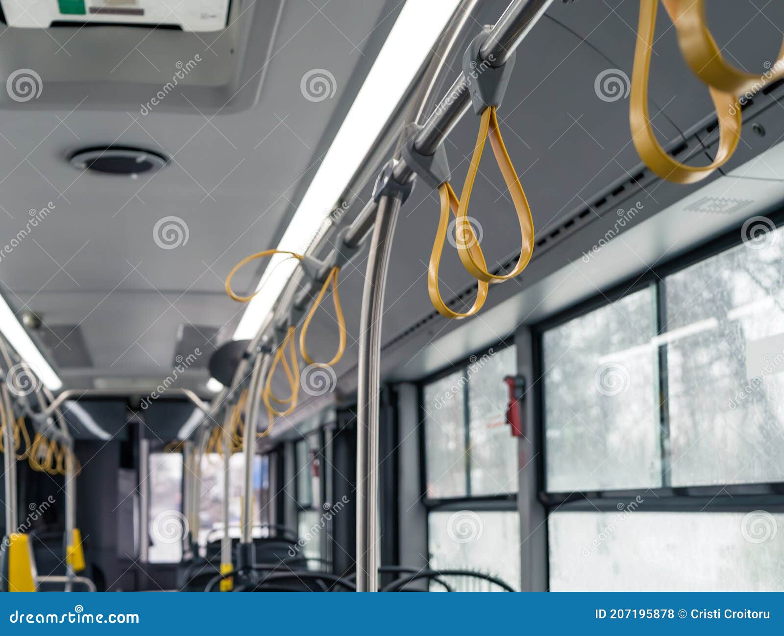 Interior of a Empty Bus with Many Hand Holders or Grips on the Handle ...