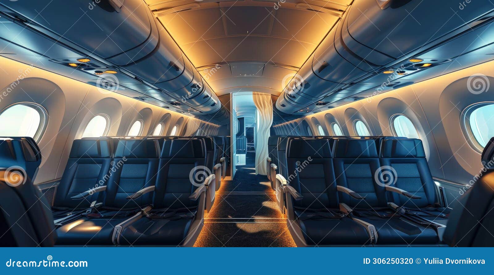 Interior Empty Cabin of a Passenger Civil Aircraft, Illuminated at ...