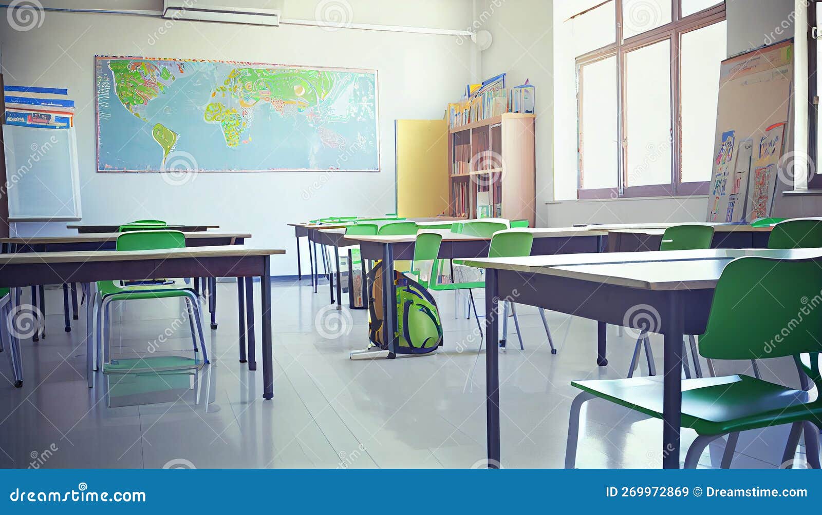 Interior of an Empty Classroom with Benches, Green Chairs. Stock ...