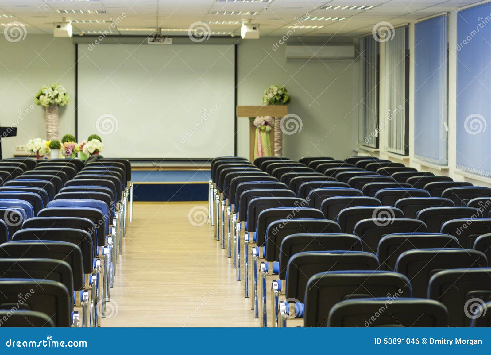 Interior of Empty Conference Hall with Lines of Blue Chairs in F Stock ...