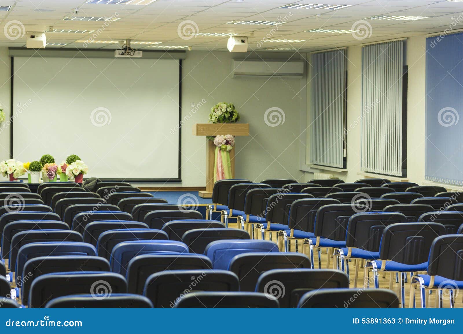 Interior of Empty Conference Hall with Lines of Blue Chairs in F Stock ...