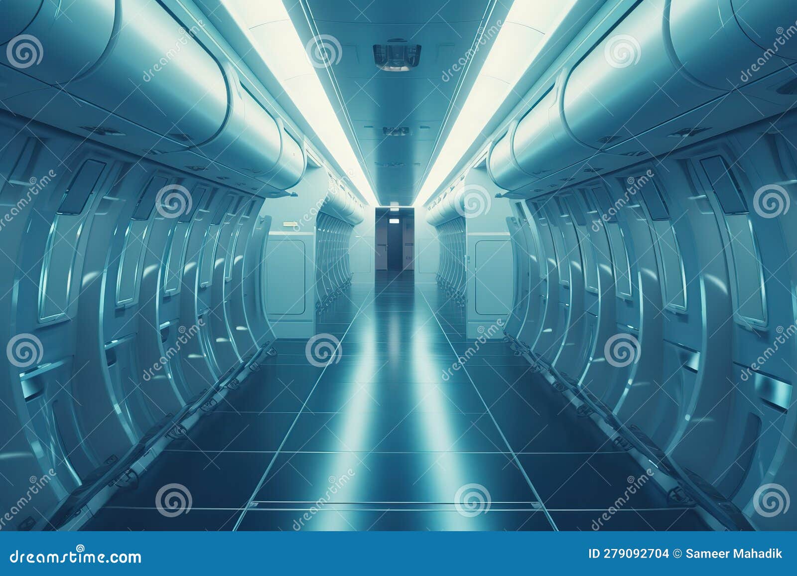 Interior of Empty Modern Aircraft with Blue Flight. Generative AI Stock ...