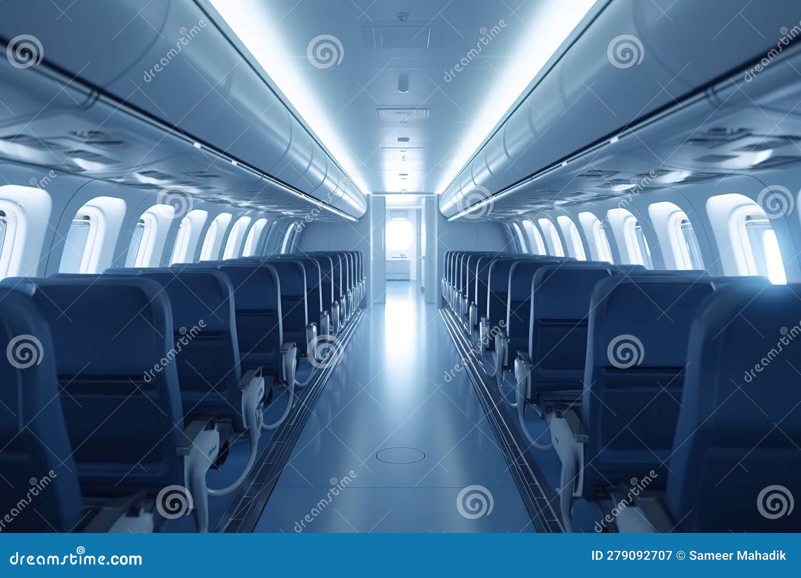 Interior of Empty Modern Aircraft with Blue Flight. Generative AI Stock ...