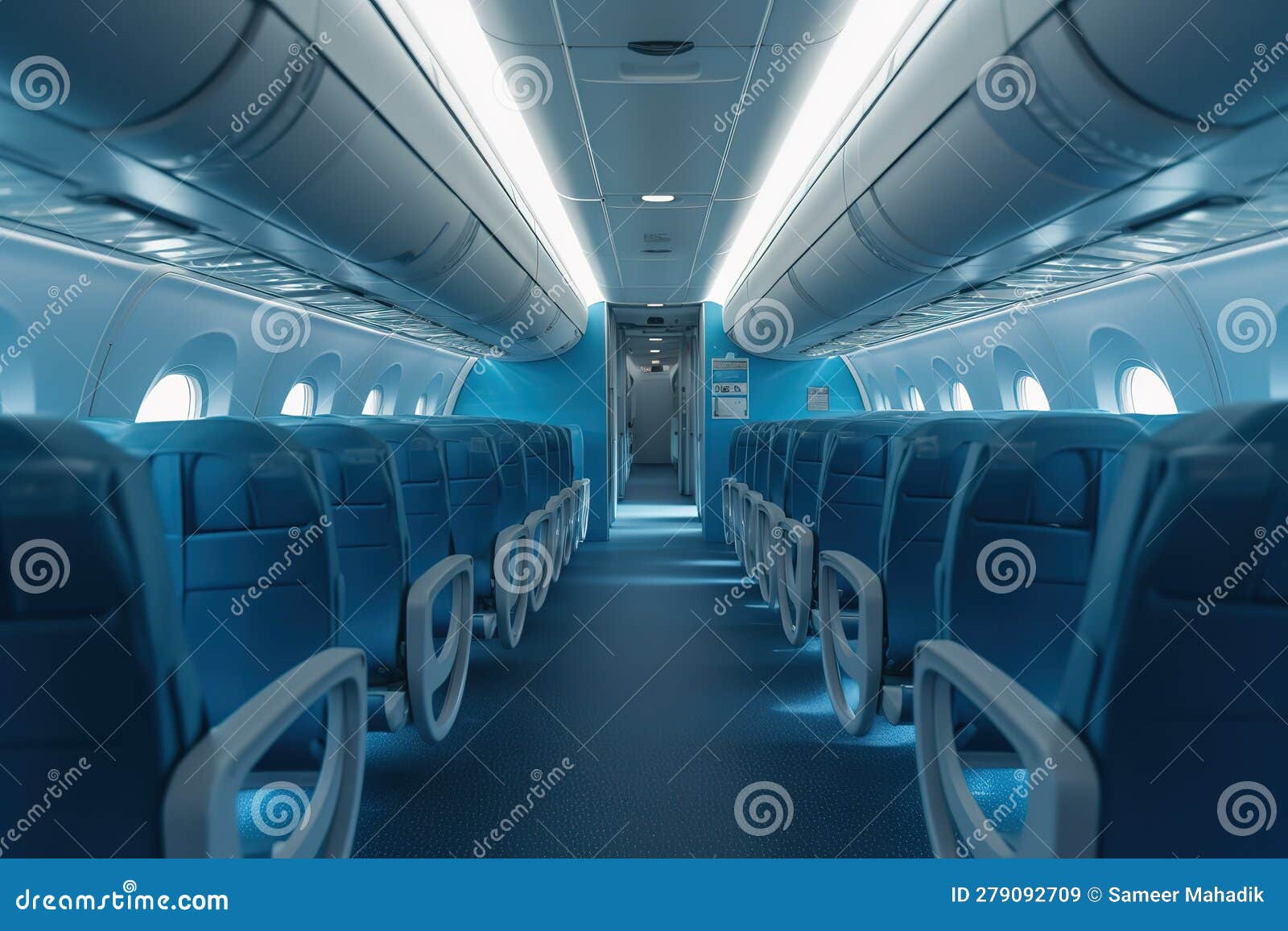 Interior of Empty Modern Aircraft with Blue Flight. Generative AI Stock ...