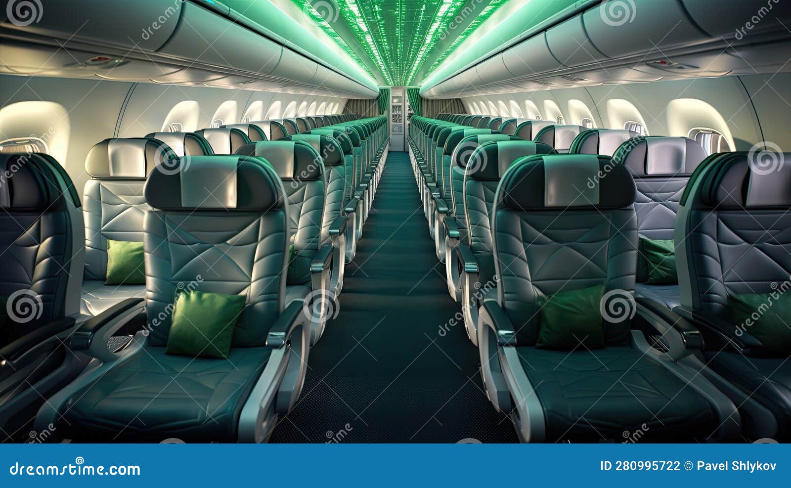 Interior of Empty Modern Aircraft with Blue Flight Seats and Hallway in ...